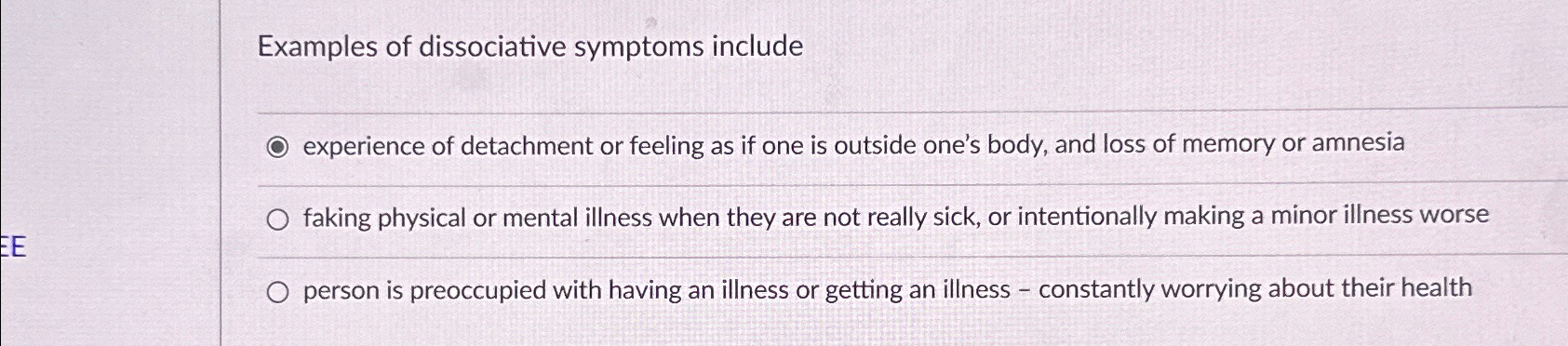 Solved Examples of dissociative symptoms includeexperience | Chegg.com