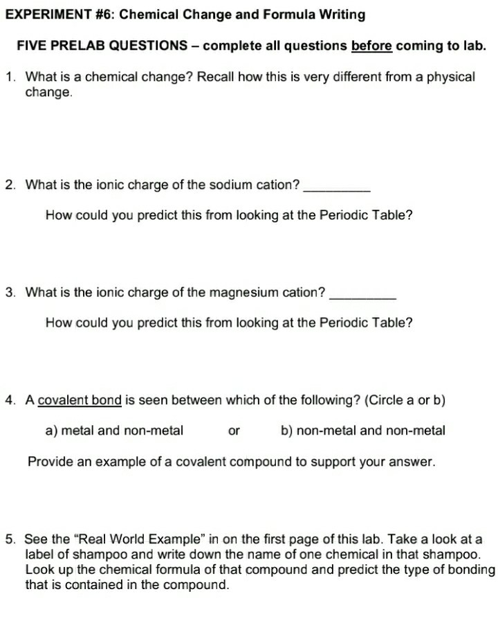 Solved EXPERIMENT #6: Chemical Change and Formula Writing | Chegg.com