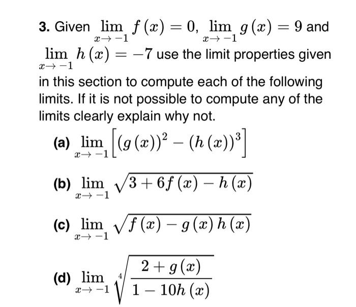 Solved 27-1 x-1 3. Given lim f(x) = 0, lim g(x) = 9 and X+-1 | Chegg.com