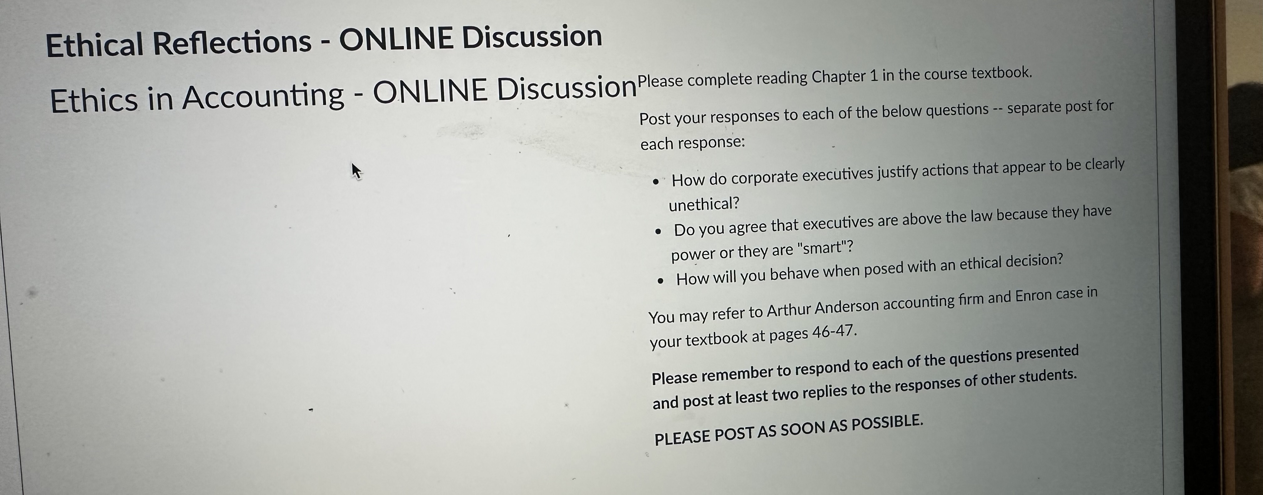 Solved Ethical Reflections - ﻿ONLINE DiscussionEthics in | Chegg.com