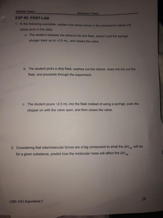 Solved Student Name: Instructor Name DATA (EXP #2): Part 1: | Chegg.com