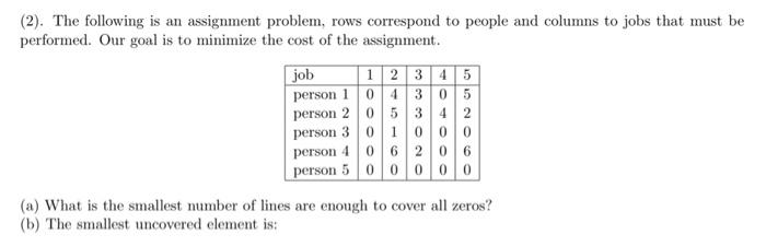 Solved (2). The following is an assignment problem, rows | Chegg.com