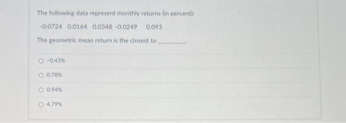 Solved The following data represent monthly returns (in | Chegg.com