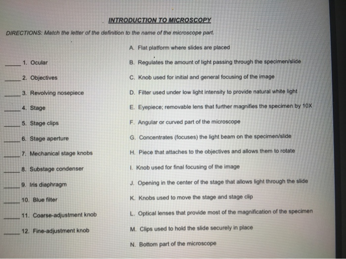 Solved INTRODUCTION TO MICROSCOPY DIRECTIONS: Match the | Chegg.com