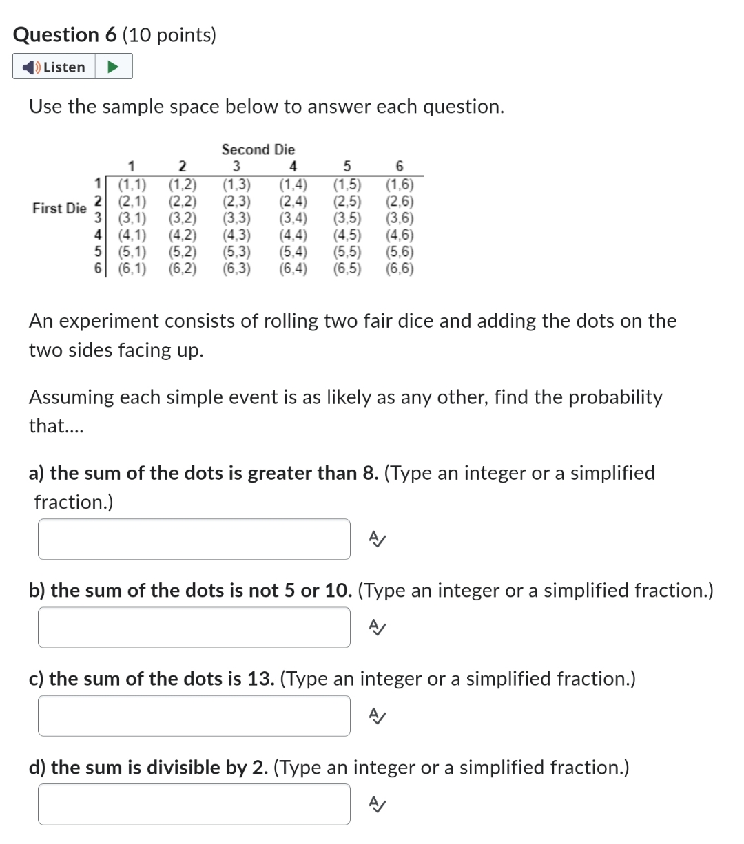 Solved Question 6 (10 ﻿points)Use the sample space below to | Chegg.com