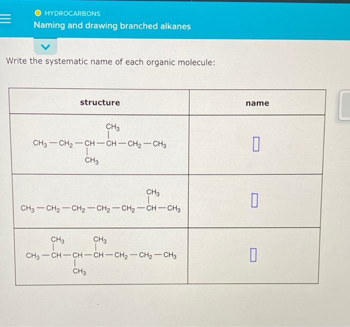 Solved HYDROCARBONS Naming and drawing branched alkanes | Chegg.com