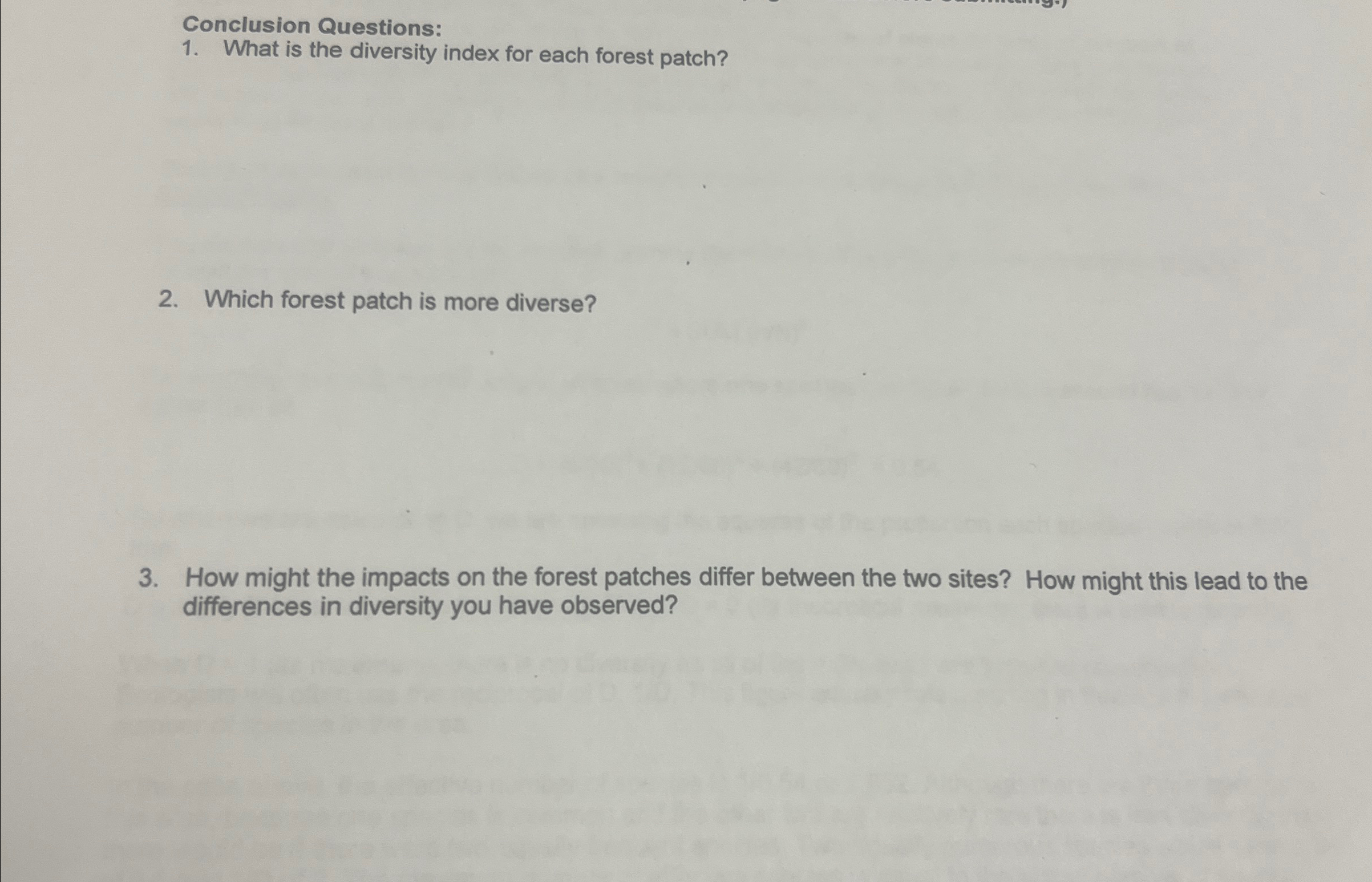 Solved Conclusion Questions: What is the diversity index for | Chegg.com