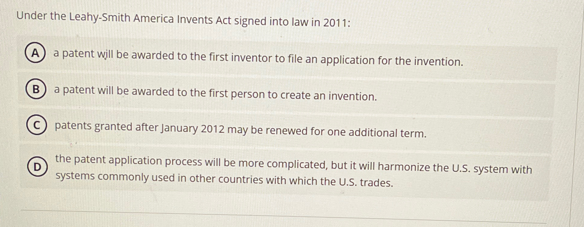 Solved Under the Leahy-Smith America Invents Act signed into | Chegg.com