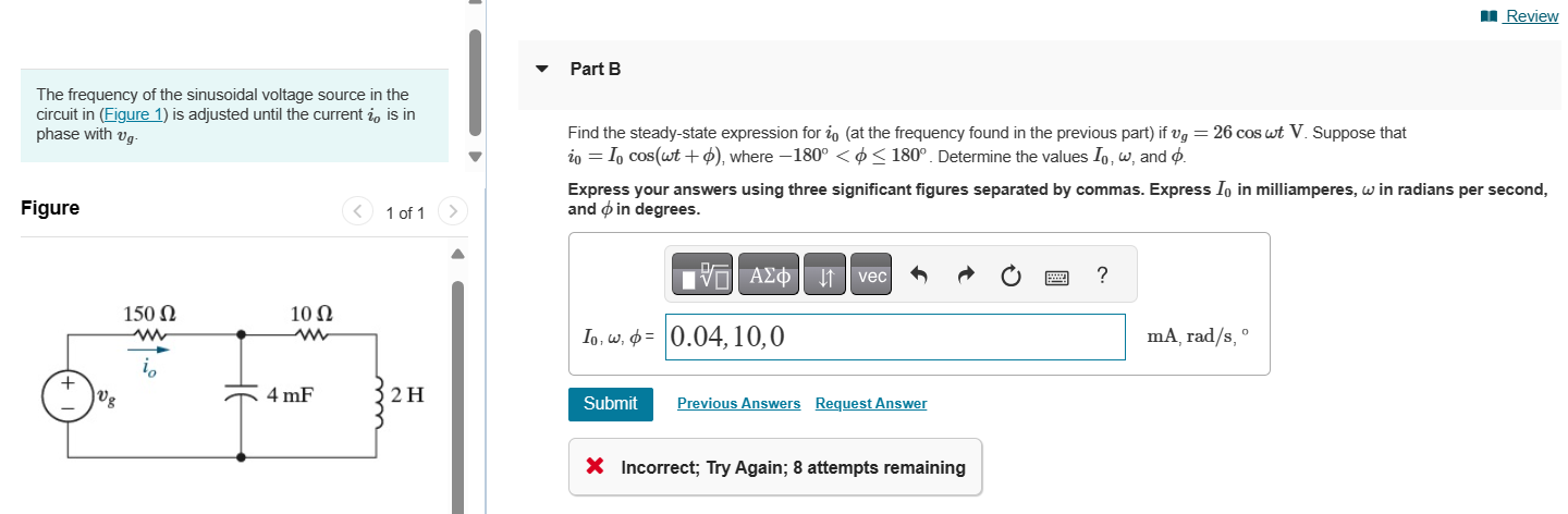 Solved The frequency of the sinusoidal voltage source in | Chegg.com