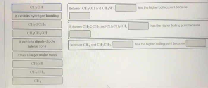 Solved CH3OH Between CH3OH and CH, SH, has the higher | Chegg.com