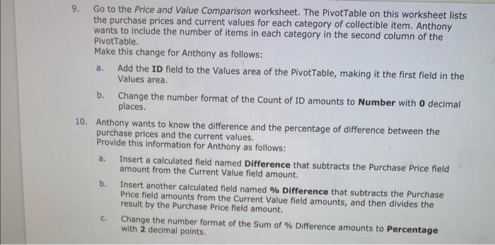 9. Go to the Price and Value Comparison worksheet. | Chegg.com
