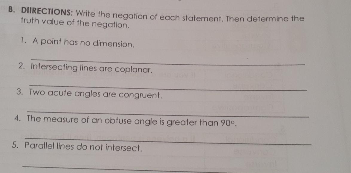 Solved B. DIRECTIONS: Write the negation of each statement. | Chegg.com