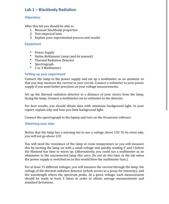 Lab 1-Blackbody Radiation Objectives After this lab | Chegg.com