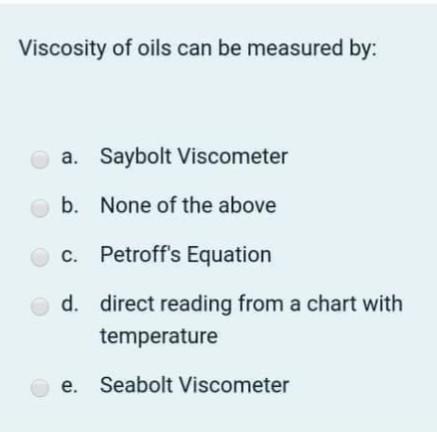 Solved Viscosity of oils can be measured by: a. Saybolt | Chegg.com