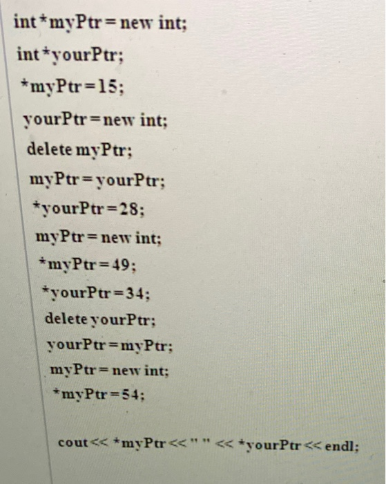 Solved int*myPtr=new int; int *yourPtr; *myPtr=15; | Chegg.com