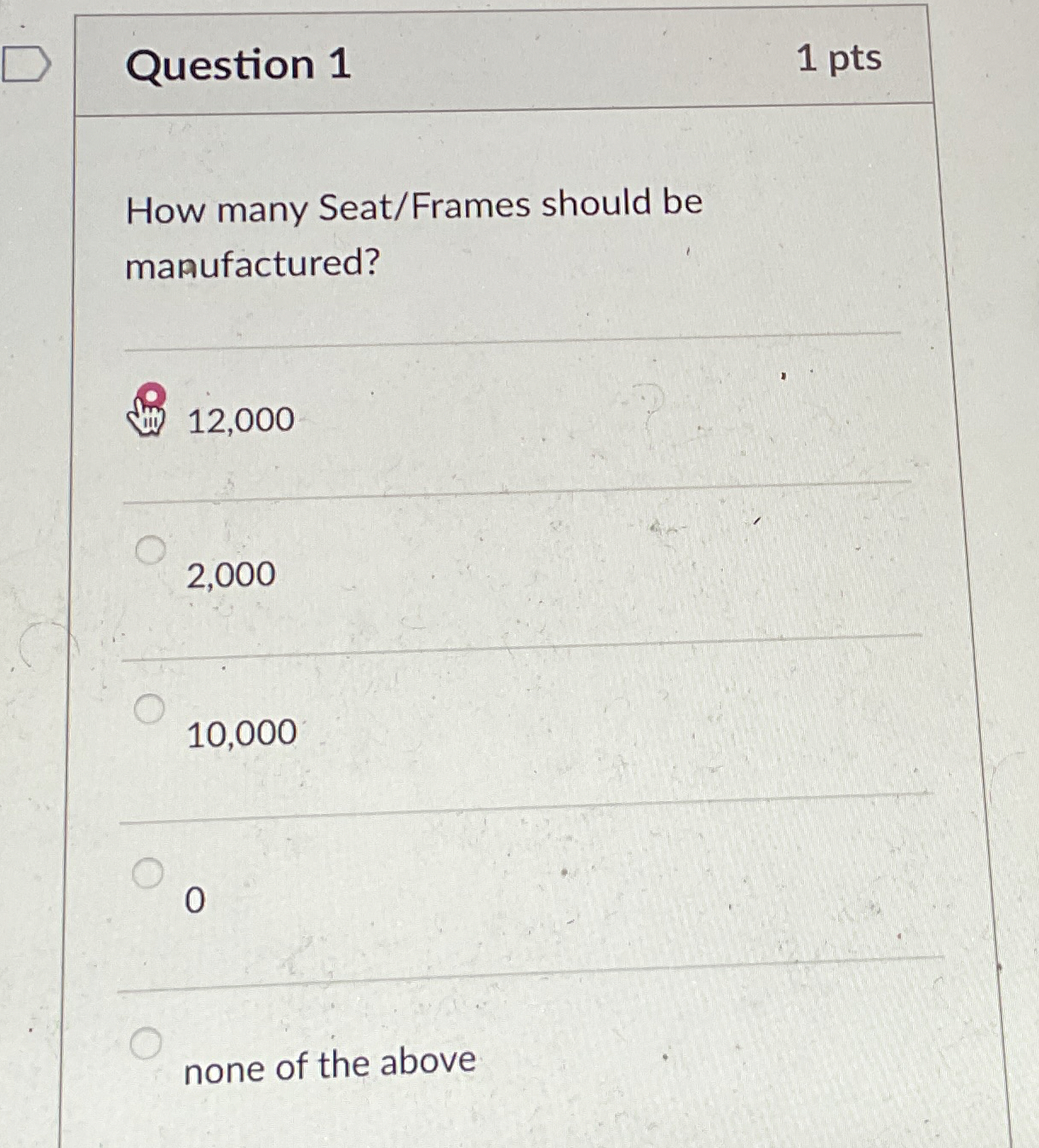 Solved Question 11 ﻿ptsHow many Seat/Frames should be | Chegg.com