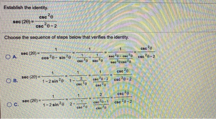 Solved Establish the identity. csc?e sec (20) = cscle-2 | Chegg.com