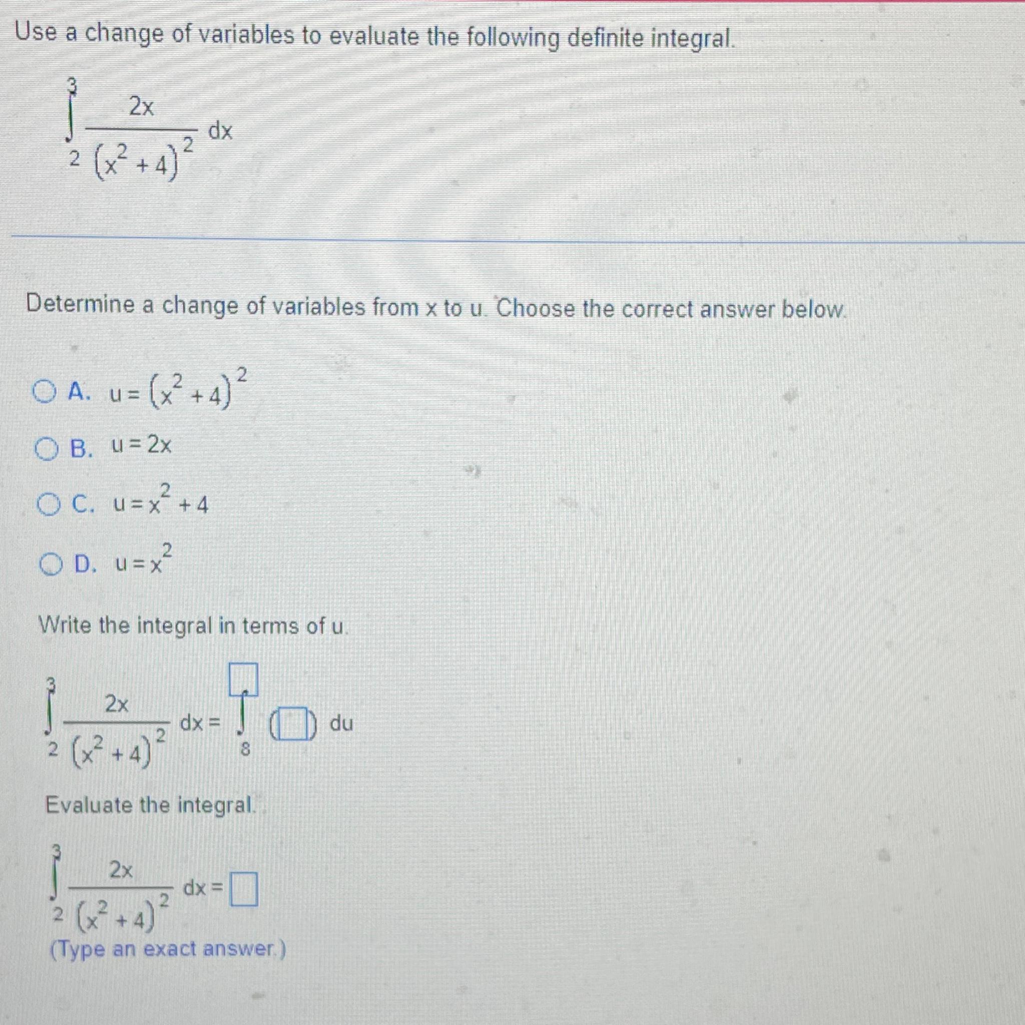 Solved Use a change of variables to evaluate the following | Chegg.com
