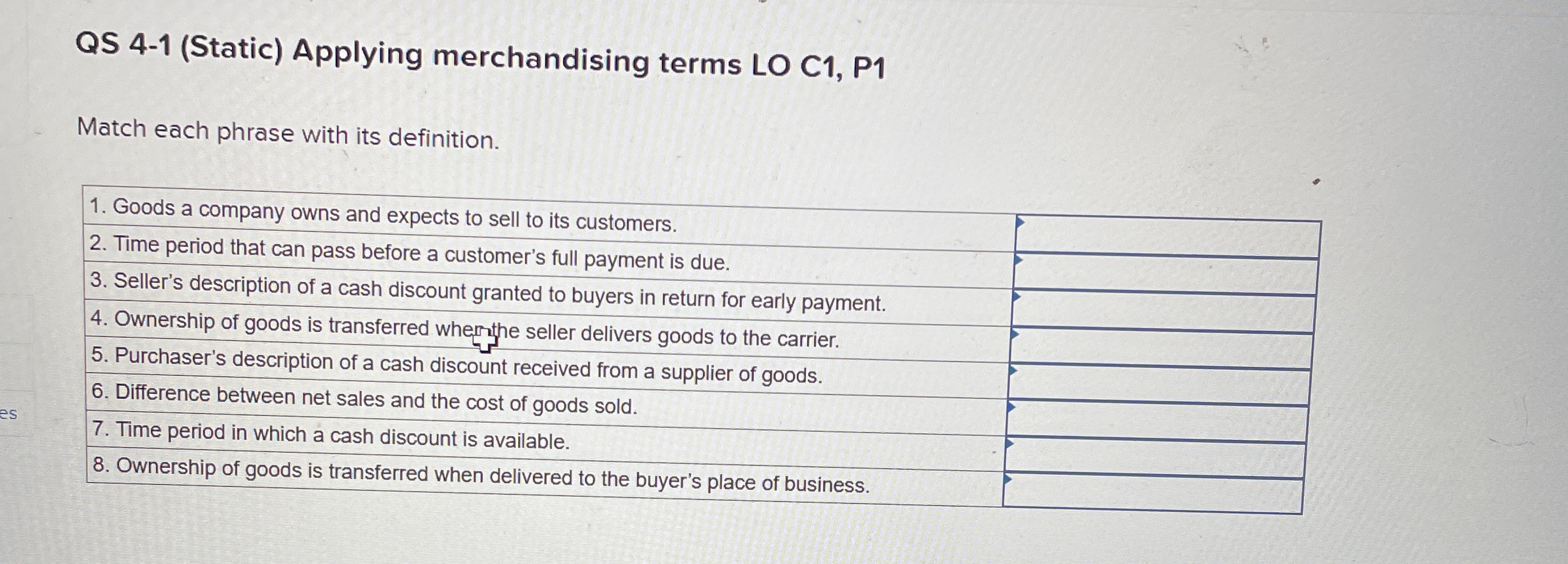 Solved QS 4-1 (Static) ﻿Applying merchandising terms LO C1, | Chegg.com