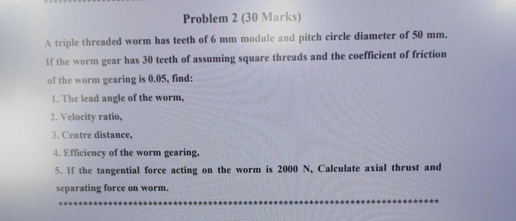 Solved Problem 2 (30 Marks) A triple threaded worm has teeth | Chegg.com