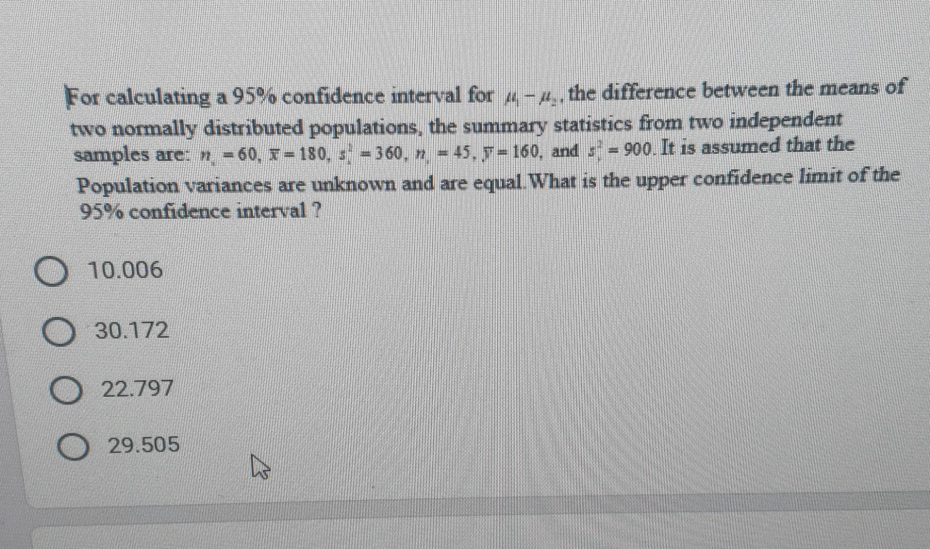 Solved For calculating a 95% confidence interval for μ1−μ2, | Chegg.com