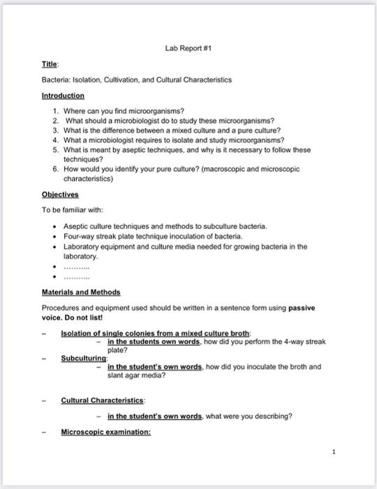 Solved Lab Report #1 Title: Bacteria: Isolation, | Chegg.com