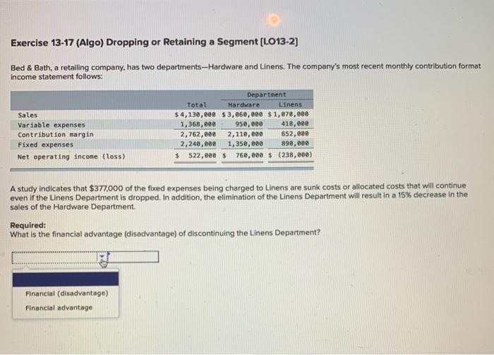 Solved Exercise 13-17 (Algo) Dropping or Retaining a | Chegg.com