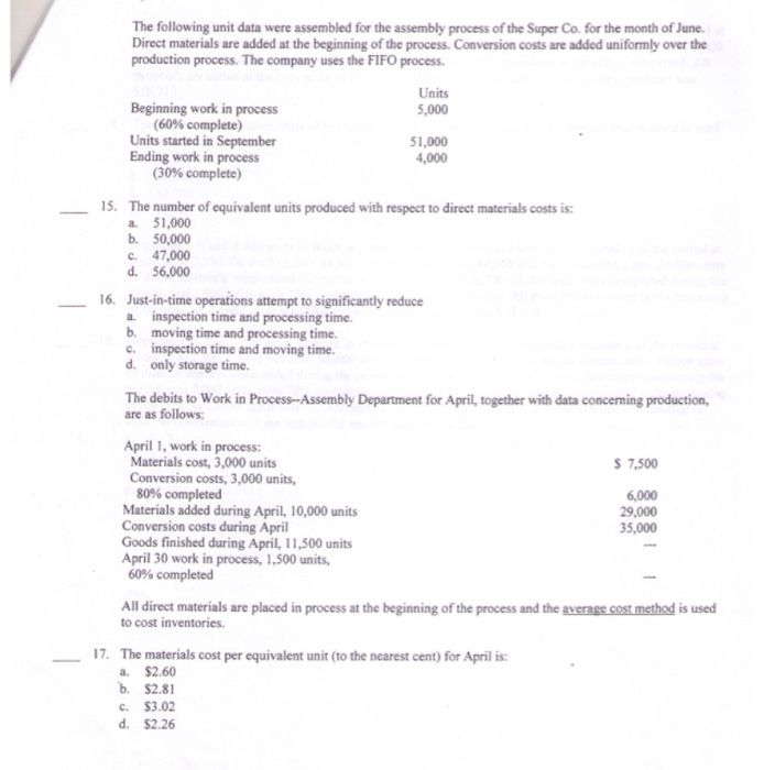 Solved The following unit data were assembled for the | Chegg.com