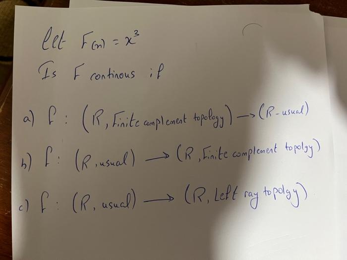 Solved Cet F(x)=x3 Is F continous if a) f: (R, Finite | Chegg.com