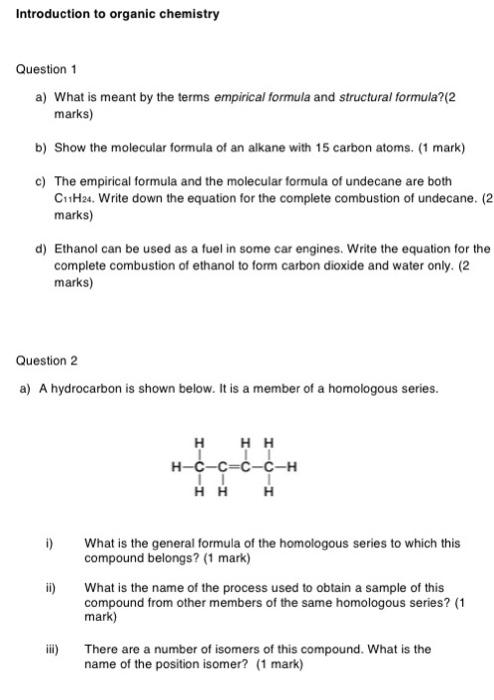 Solved Introduction to organic chemistry Question 1 a) What | Chegg.com