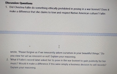 Solved Discussion QuestionsDid Christina Fallin do something | Chegg.com