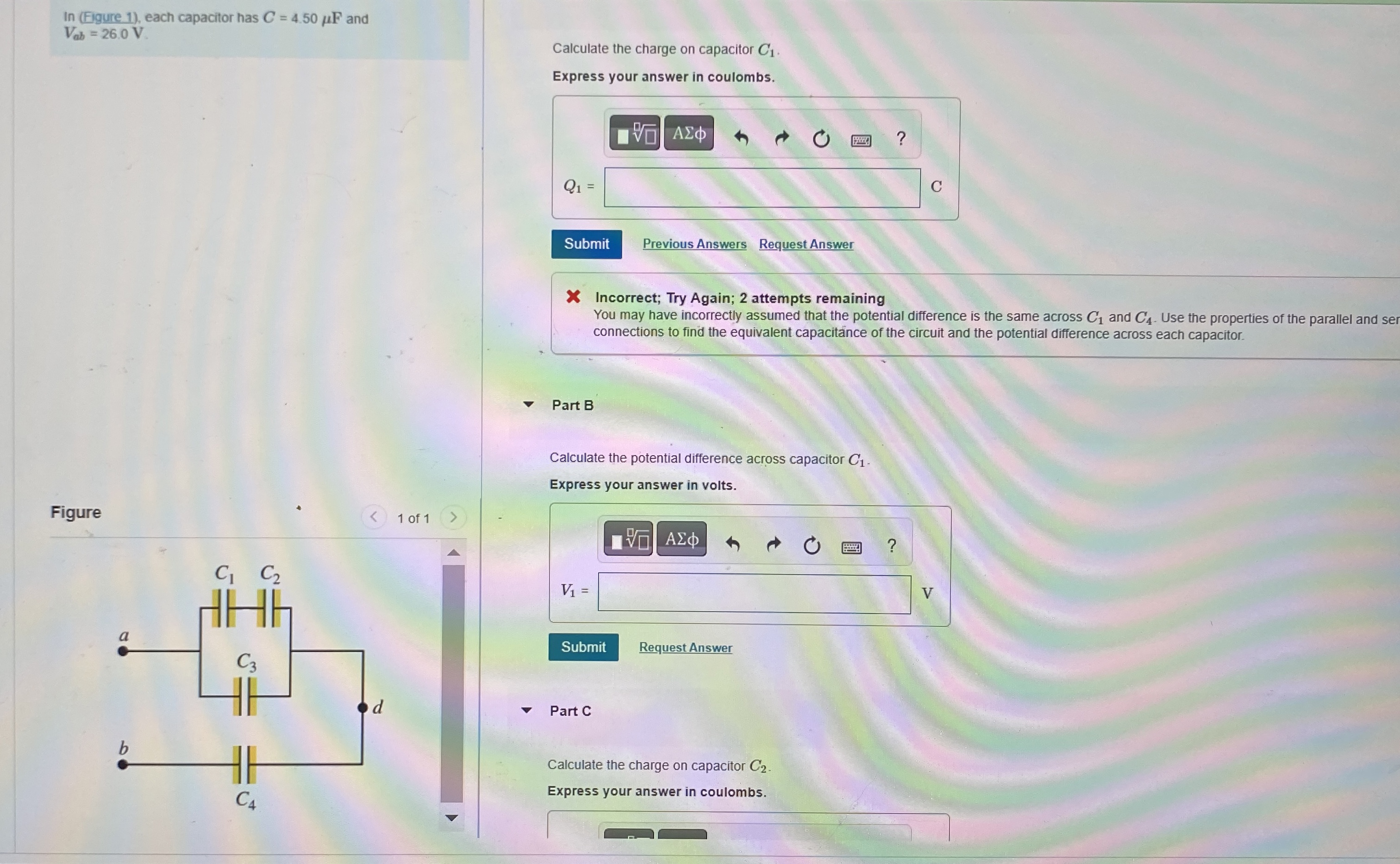 Solved In (Figure 1), ﻿each capacitor has C=4.50μF ﻿and | Chegg.com