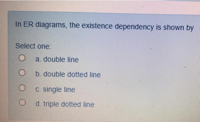 Solved In ER diagrams, the existence dependency is shown by | Chegg.com