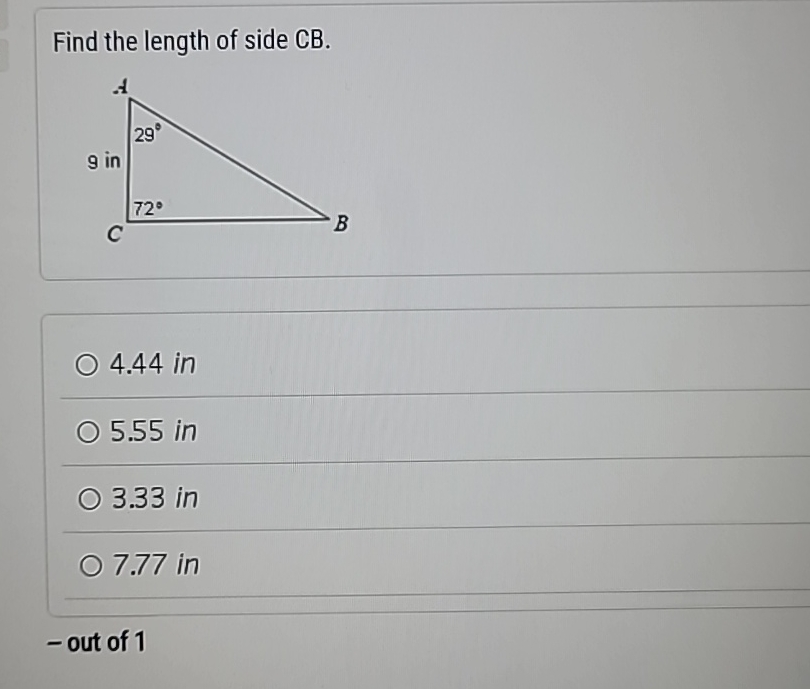 Solved Find the length of side CB.4.44 ﻿in5.55 ﻿in3.33 | Chegg.com