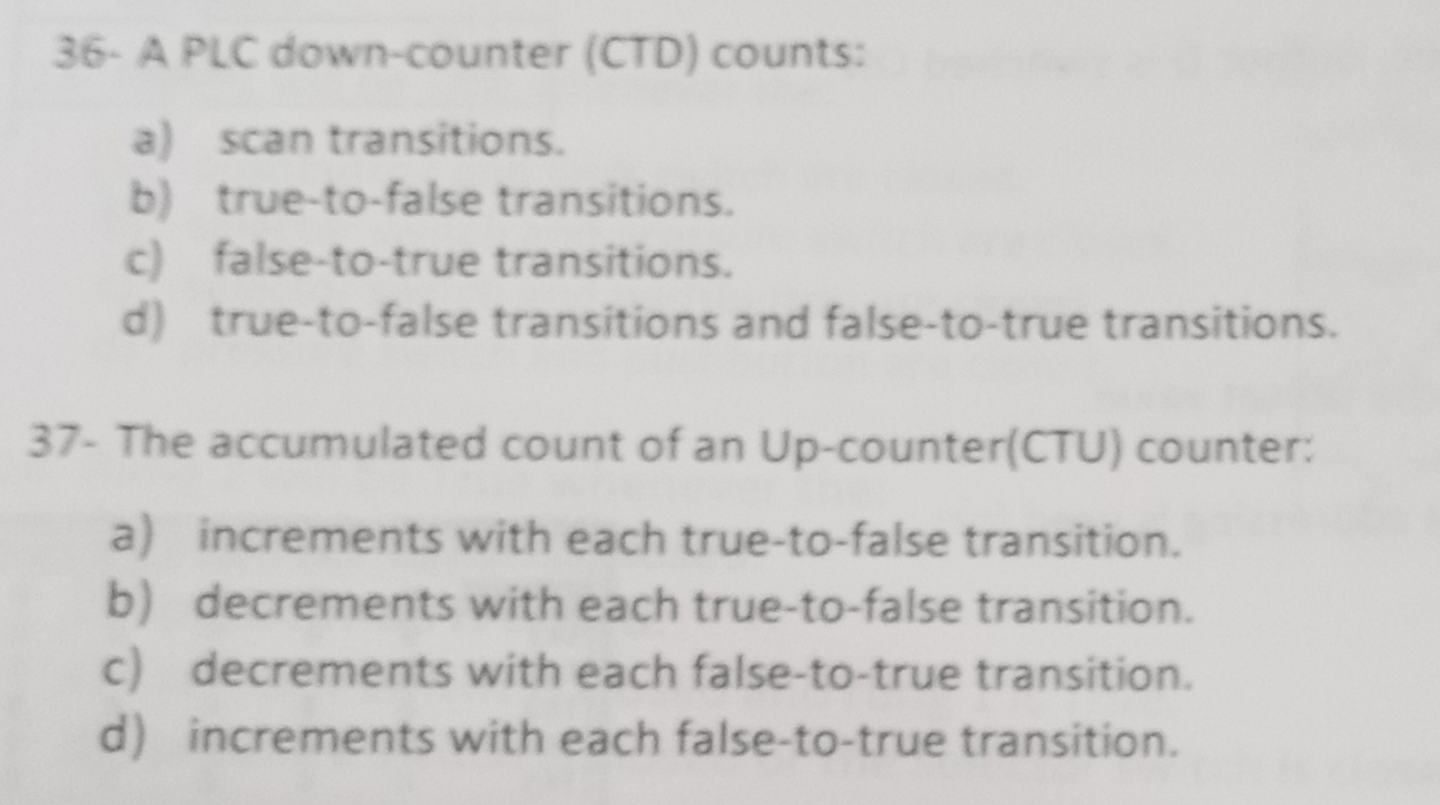 Solved 36- ﻿A PLC down-counter (CTD) ﻿counts:a) ﻿scan | Chegg.com