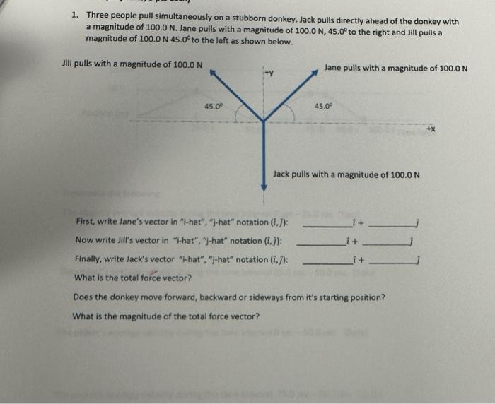 Solved 1. Three people pull simultaneously on a stubborn | Chegg.com