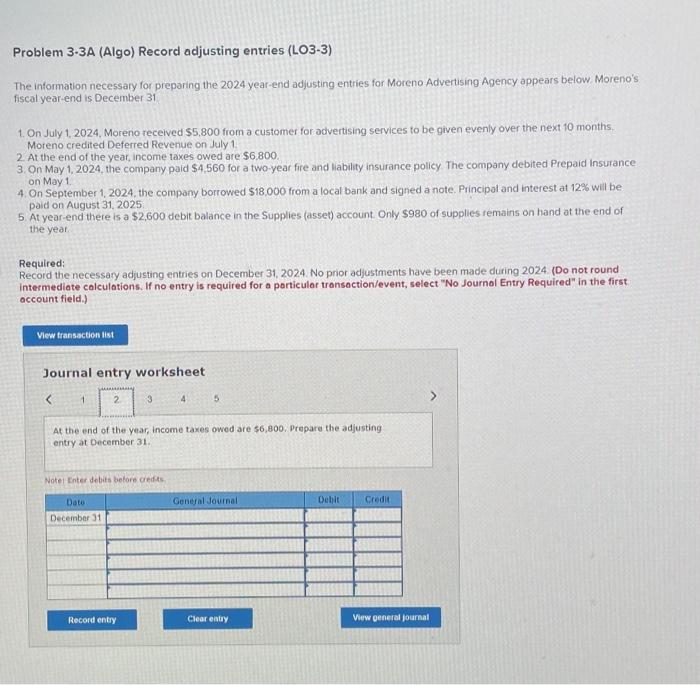 Solved Problem 3-3A (Algo) Record adjusting entries (LO3-3) | Chegg.com Solved Problem 3-3A (Algo) Record adjusting entries (LO3-3) | Chegg.com