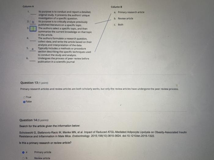 Solved Column A 1. Column 2. Primary research article b. | Chegg.com