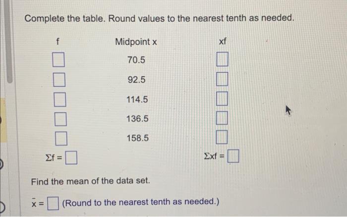 Solved Complete the table. Round values to the nearest tenth | Chegg.com