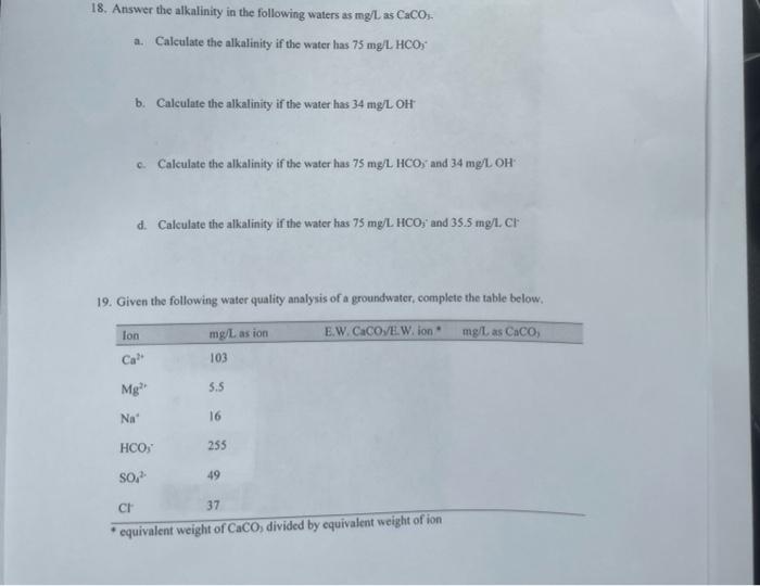 Solved 18. Answer the alkalinity in the following waters as | Chegg.com
