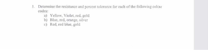 Solved 1. Determine the resistance and percent tolerance for | Chegg.com