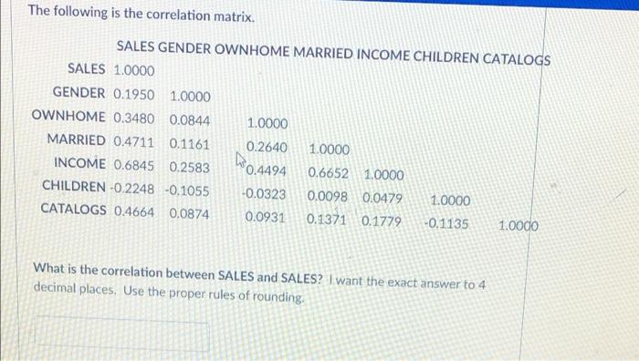 Solved The following is the correlation matrix. SALES GENDER | Chegg.com