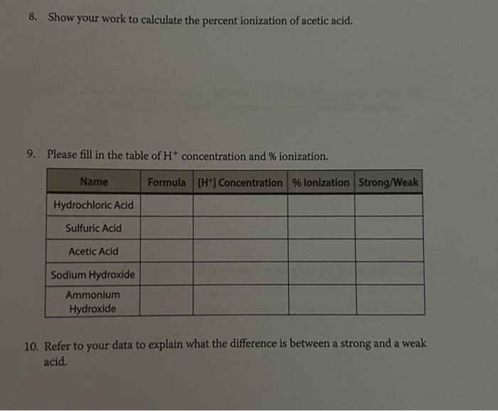 8. Show your work to calculate the percent ionization | Chegg.com