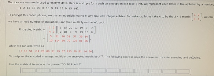 Solved Matrices are commonly used to encrypt data. Here is a | Chegg.com