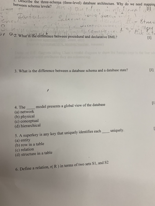 Solved 1. Describe the three-schema (three-level) database | Chegg.com