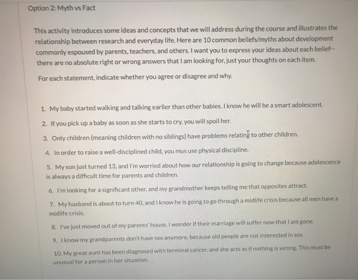 Solved Option 2: Myth vs Fact This activity introduces some | Chegg.com