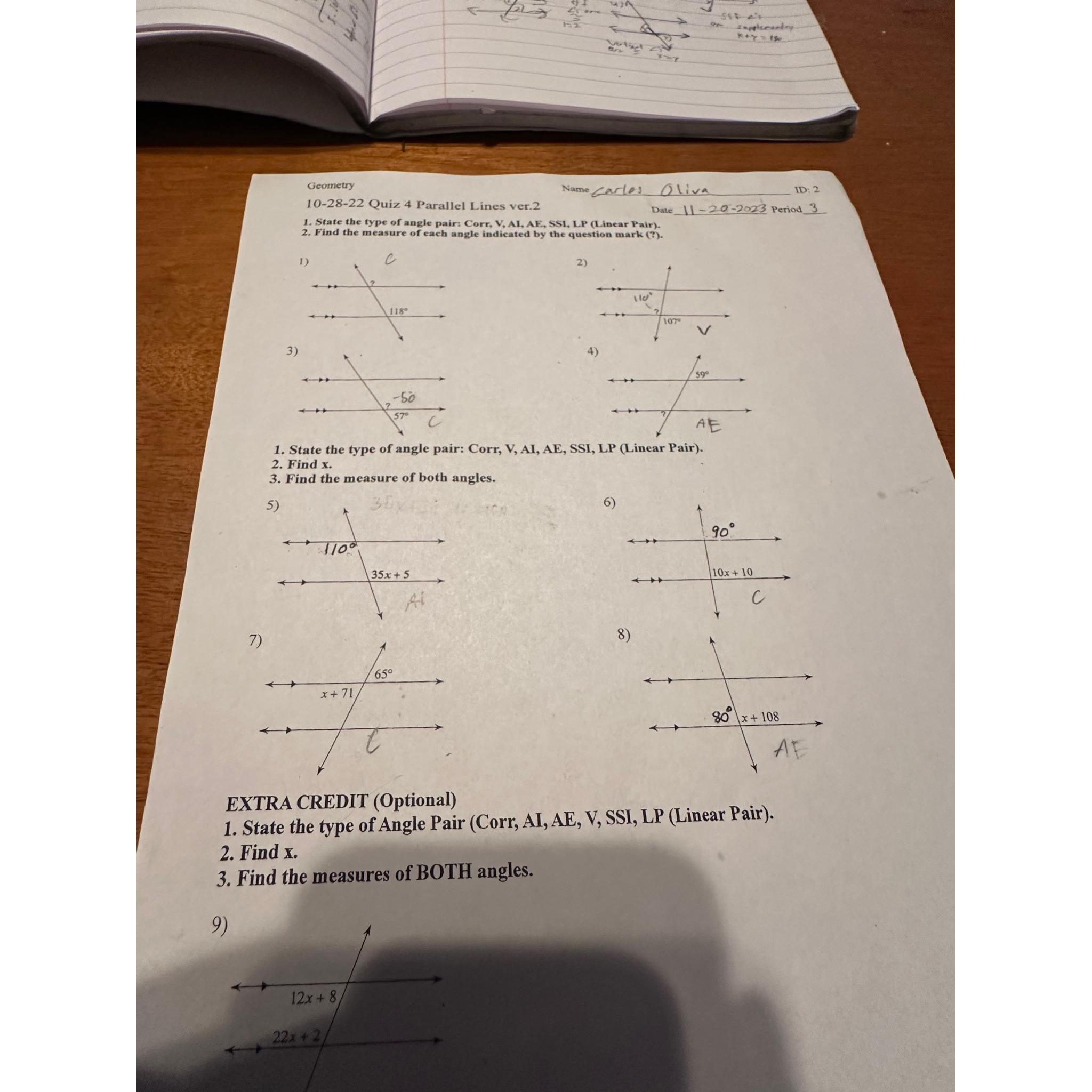 Geometry10-28-22 ﻿Quiz 4 ﻿Parallel Lines ver.2Name | Chegg.com