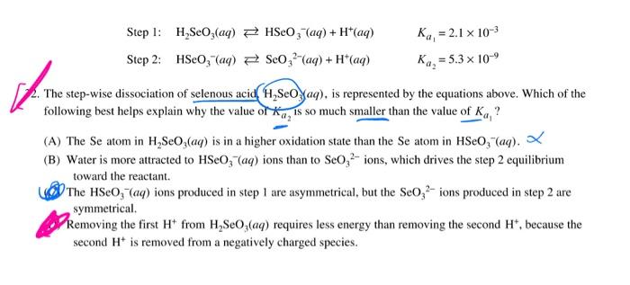 Solved Step 1: H2SeO3(aq)⇄HSeO3−(aq)+H+(aq)Ka1=2.1×10−3 Step | Chegg.com