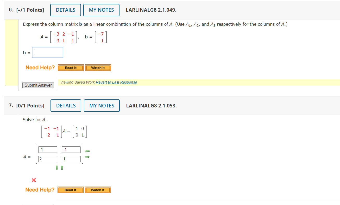 Solved [-/1 ﻿Points]LARLINALG8 2.1.049.Express the column | Chegg.com