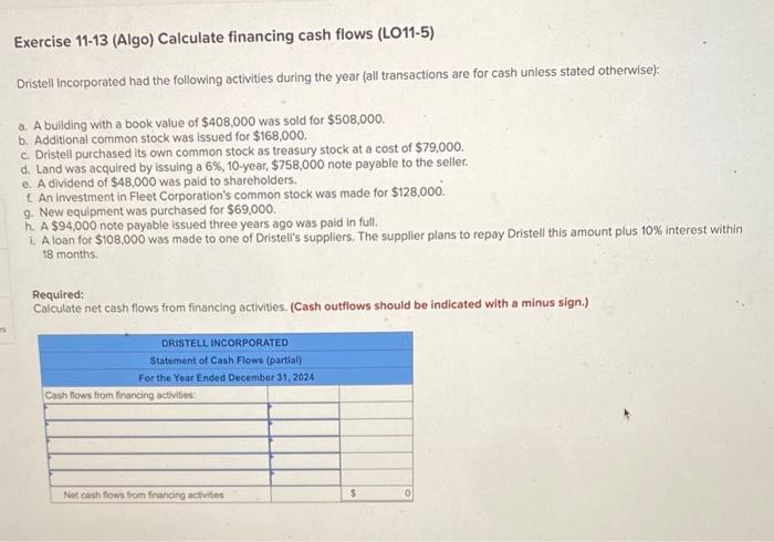 Solved Exercise 11-13 (Algo) Calculate financing cash flows | Chegg.com